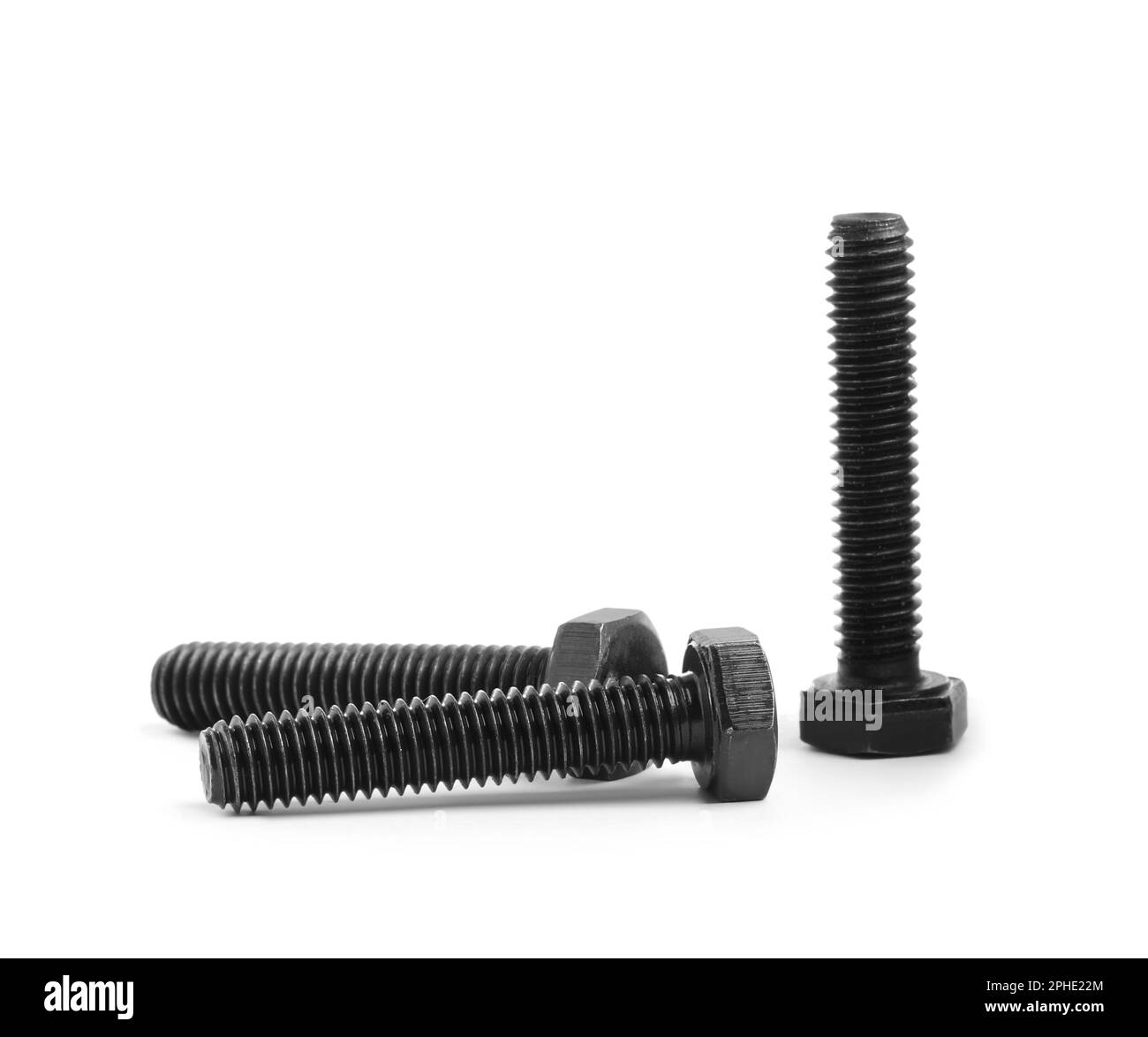Three black metal hex bolts on white background Stock Photo - Alamy