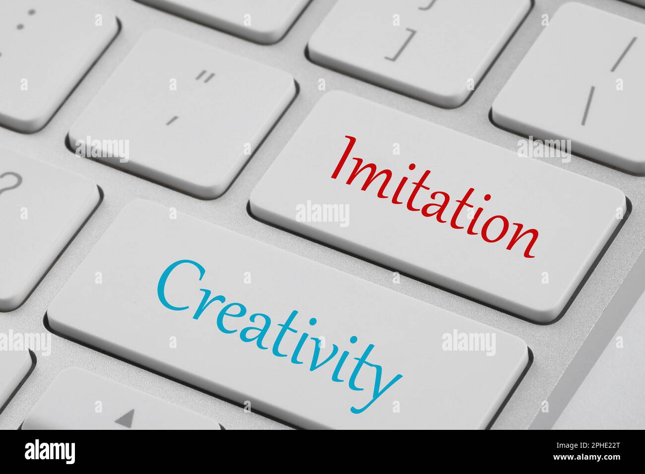 Buttons with words Imitation and Creativity on keyboard, closeup view ...
