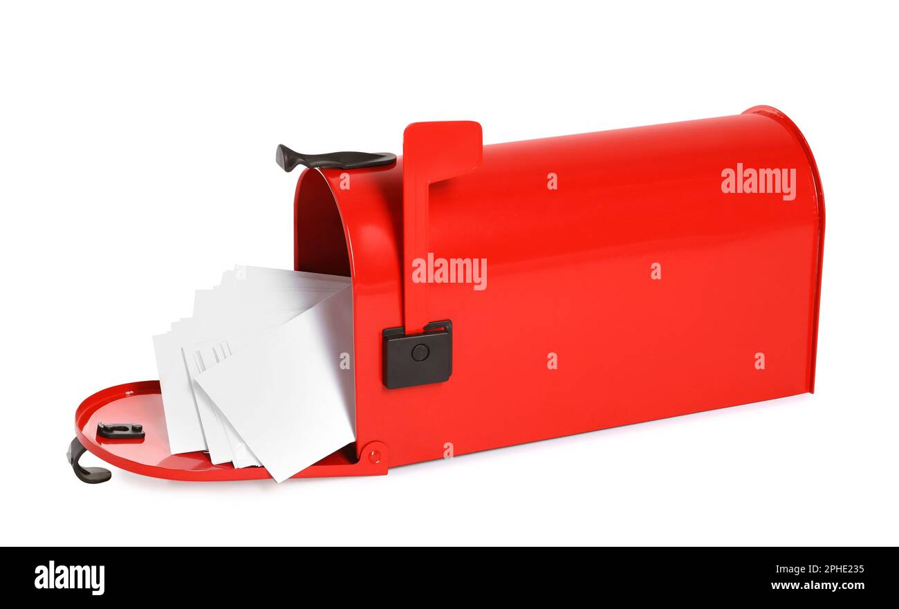 Red letter box with envelopes on white background Stock Photo - Alamy