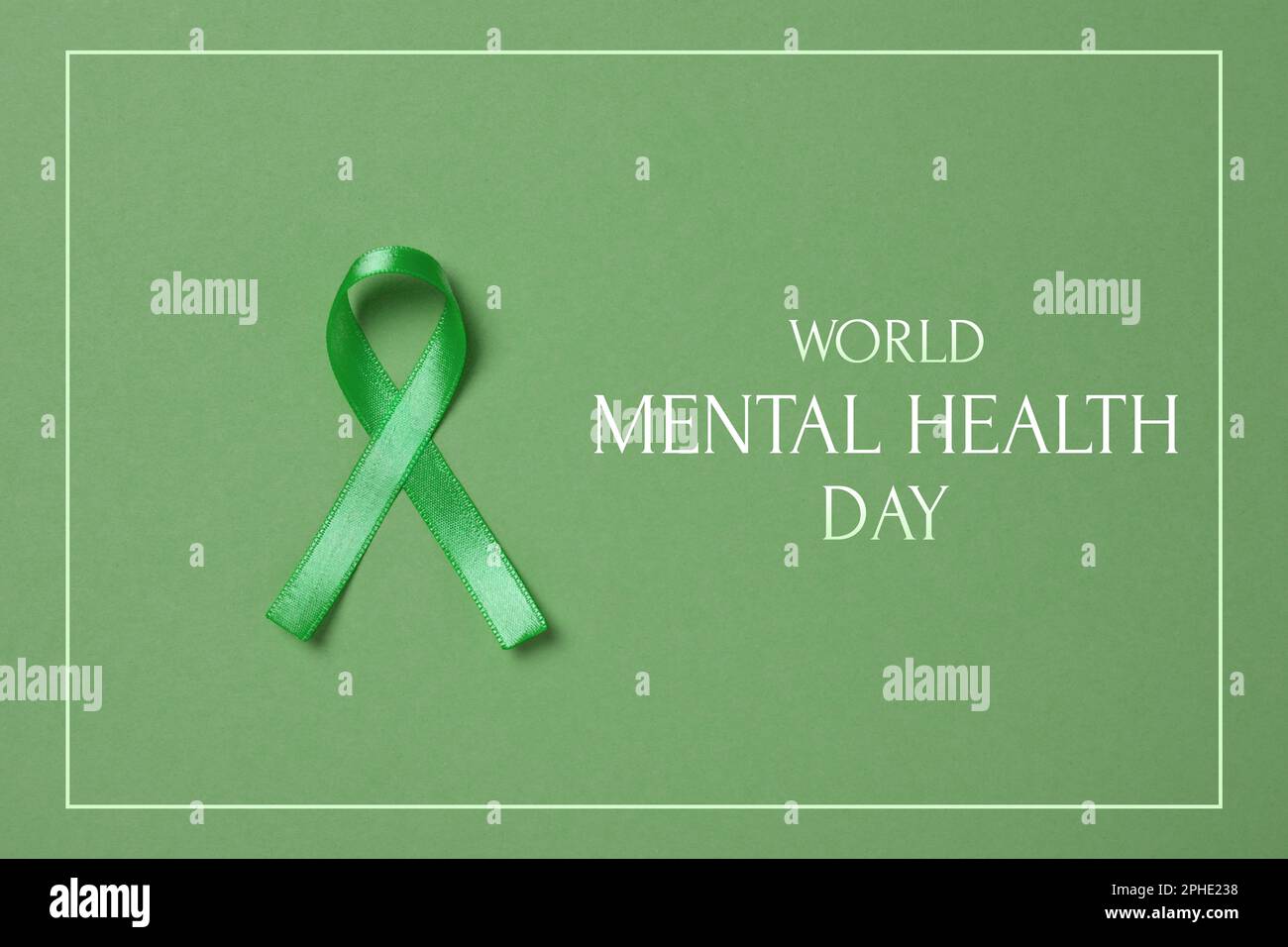World Mental Health Day. Green ribbon on color background, top view ...