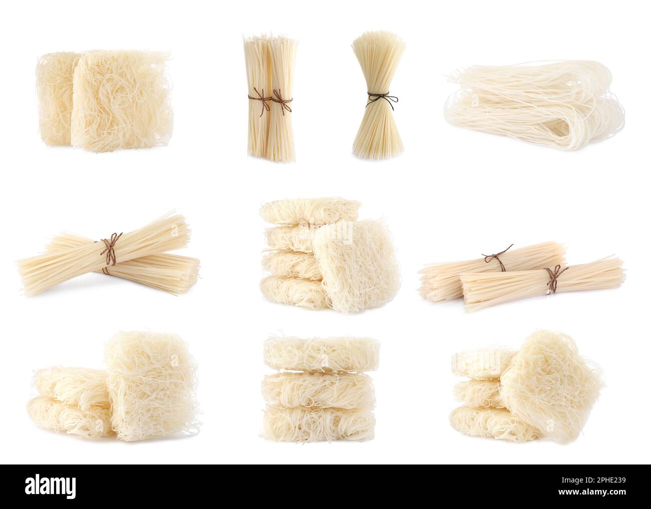 Set with dried rice noodles on white background Stock Photo - Alamy