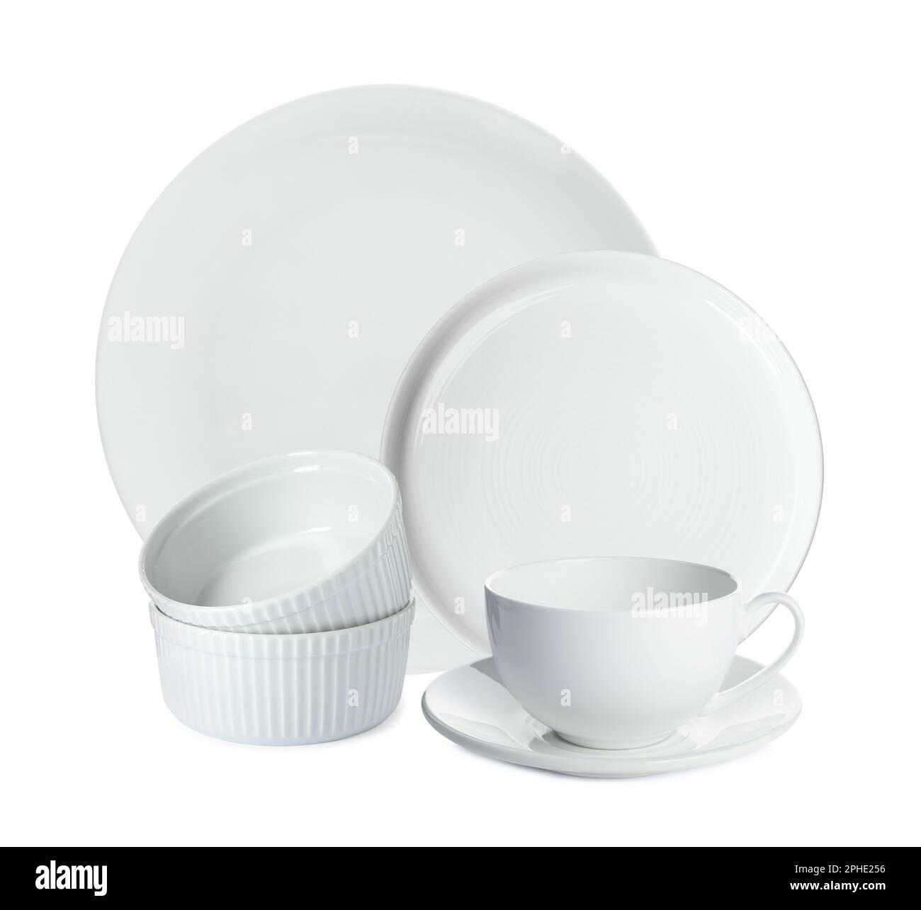 Set of beautiful ceramic dinnerware on white background Stock Photo - Alamy