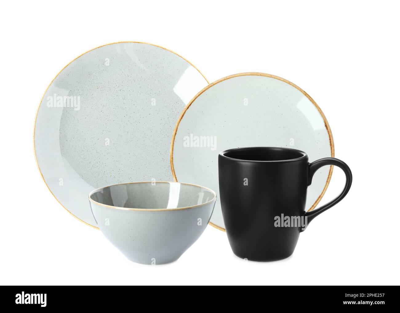 Set of beautiful ceramic dinnerware on white background Stock Photo - Alamy