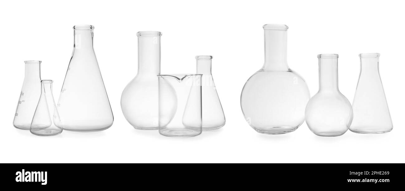Set of different empty laboratory glassware on white background, banner ...