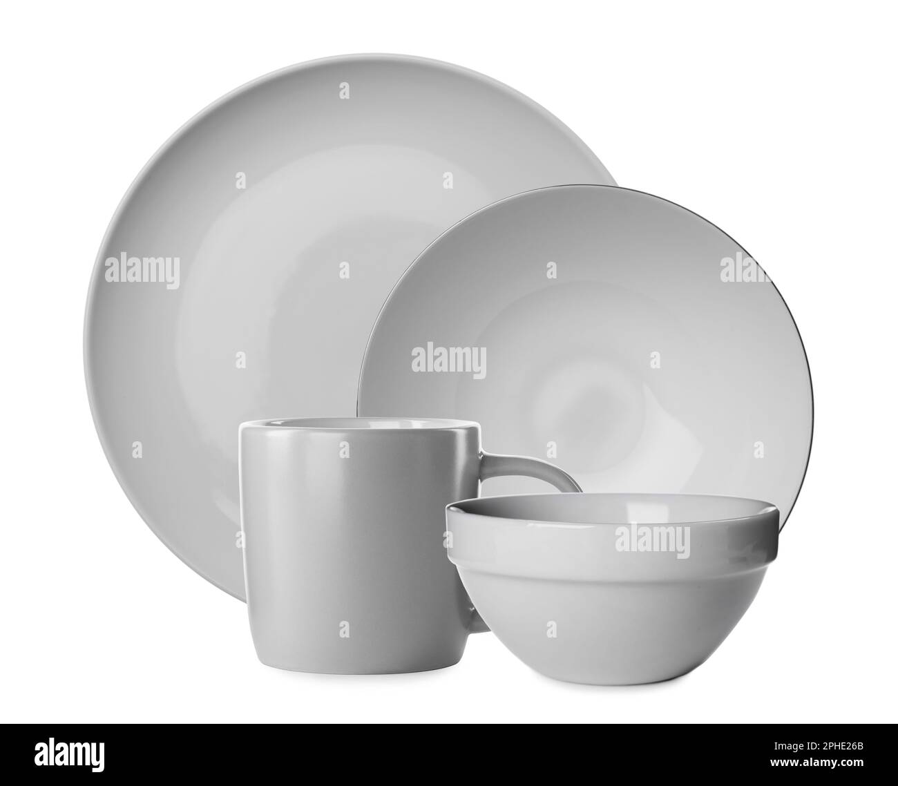 Set of beautiful ceramic dinnerware on white background Stock Photo - Alamy