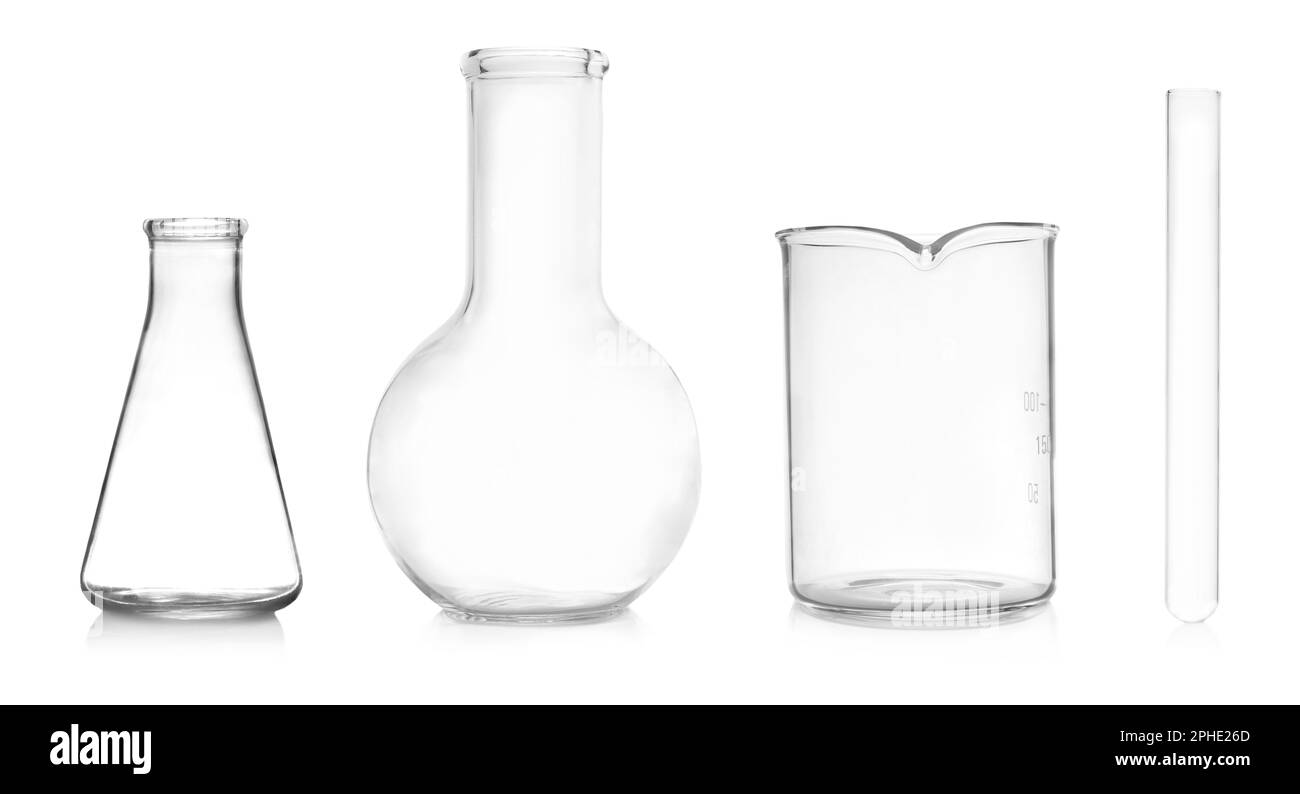 Different empty laboratory glassware on white background, banner design ...