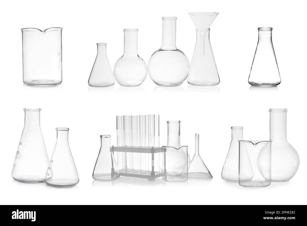 Set of different empty laboratory glassware on white background Stock ...