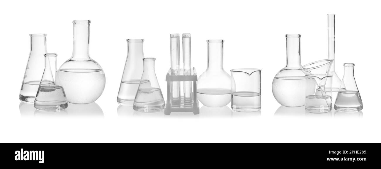 Set of different laboratory glassware on white background, banner ...