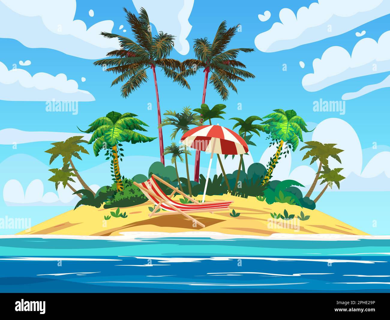 Tropical resort island, lounge chair under umbrella ocean surf, beach ...