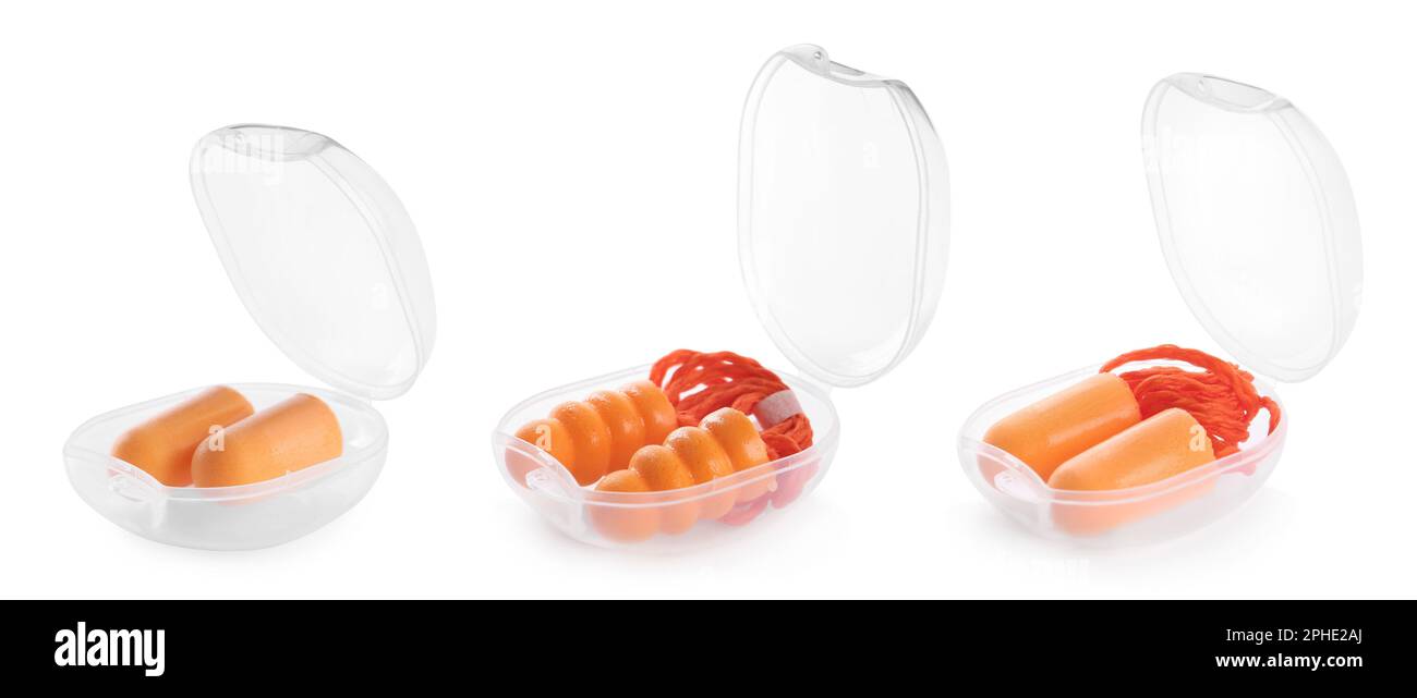 Set with orange ear plugs on white background. Banner design Stock ...