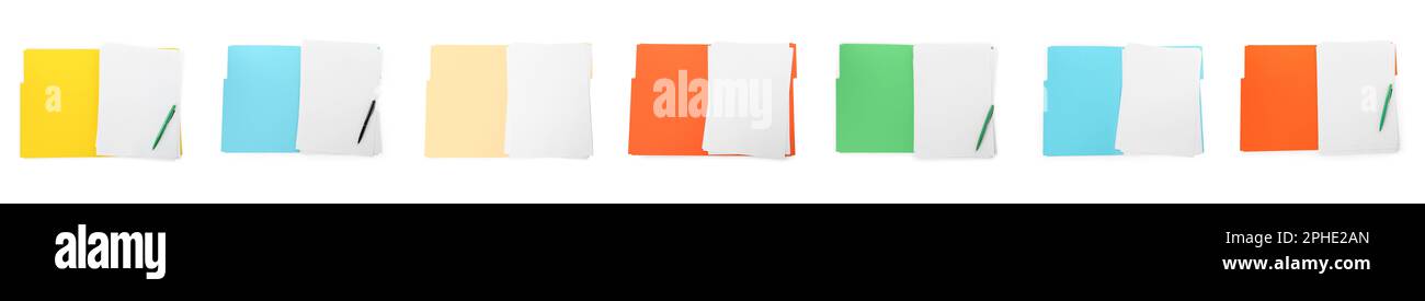 Set of different files with documents on white background, top view ...