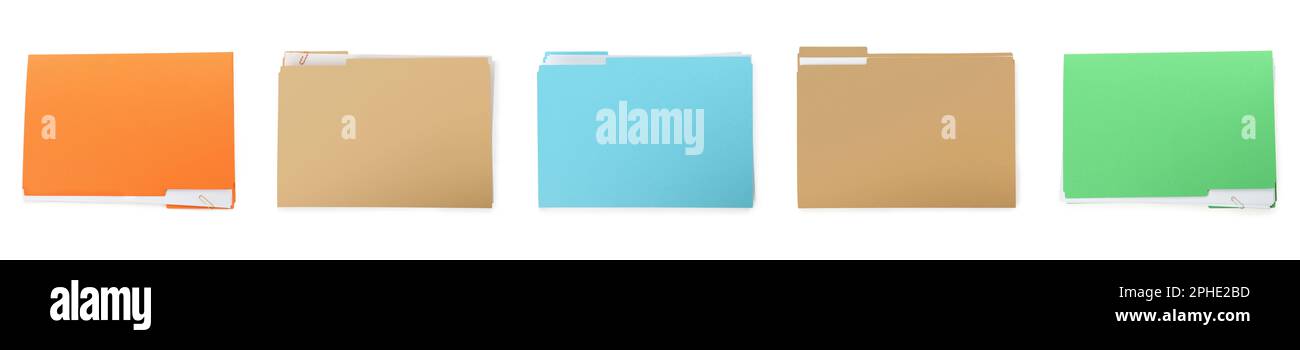 Set of different files with documents on white background, top view ...