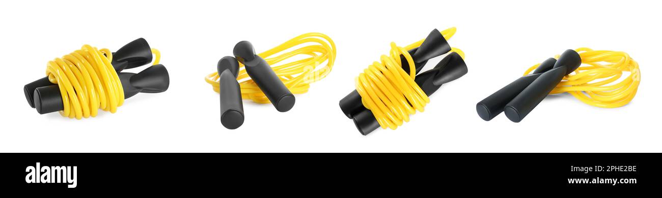 Set with yellow skipping ropes on white background. Banner design Stock ...