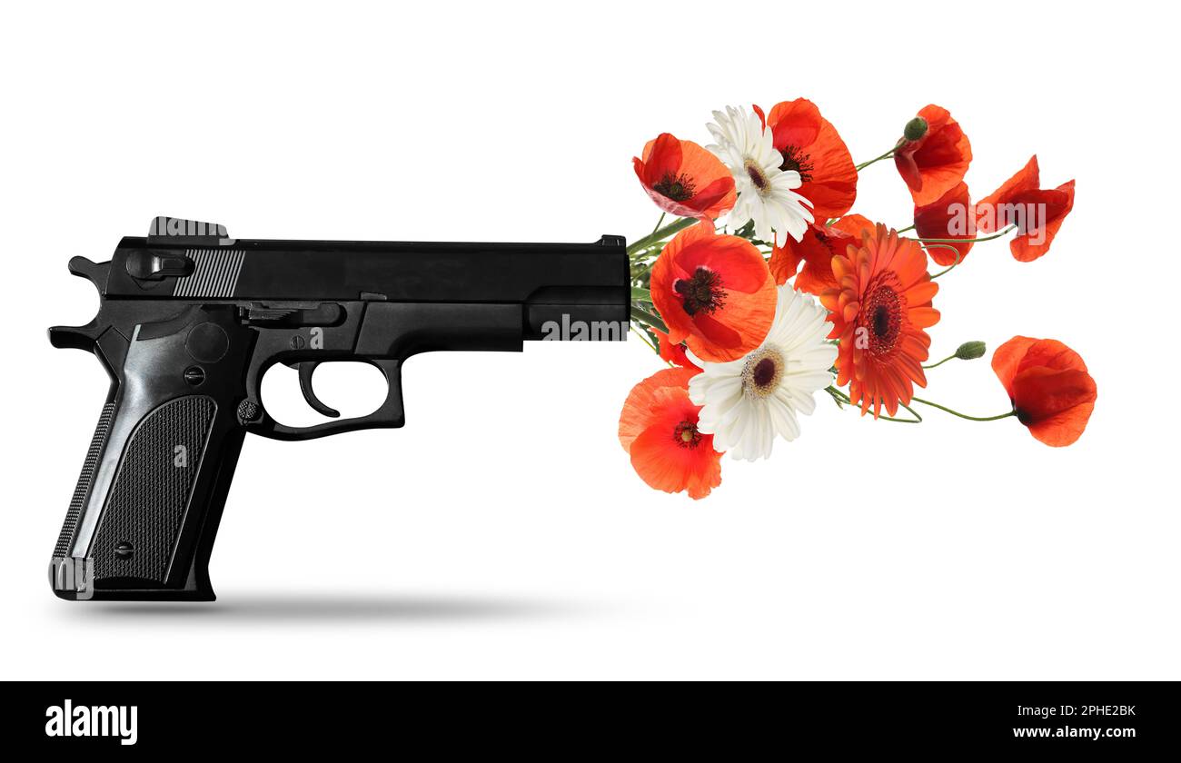 Beautiful blooming flowers and handgun on white background. Peace ...