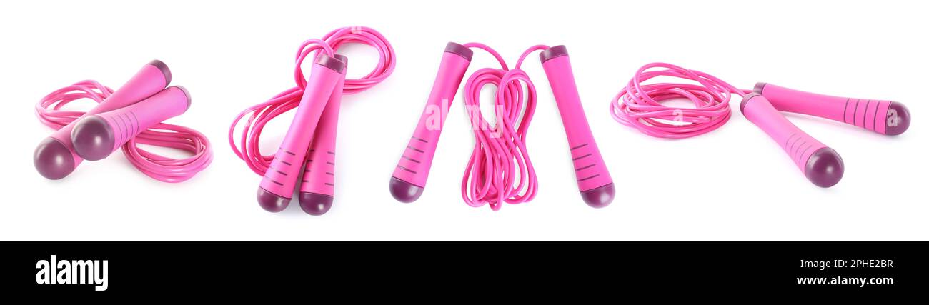 Set with pink skipping ropes on white background. Banner design Stock ...