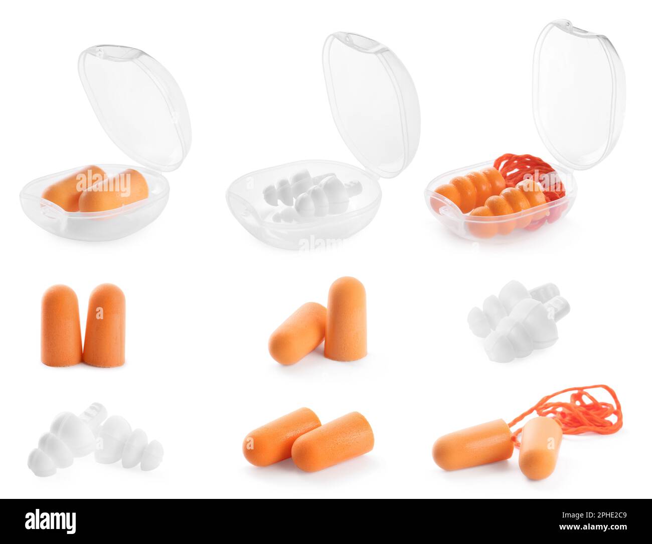 Set with different ear plugs on white background Stock Photo - Alamy