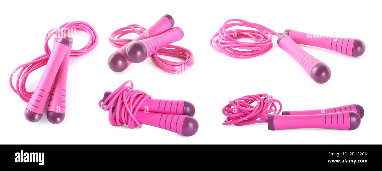Set with pink skipping ropes on white background. Banner design Stock ...