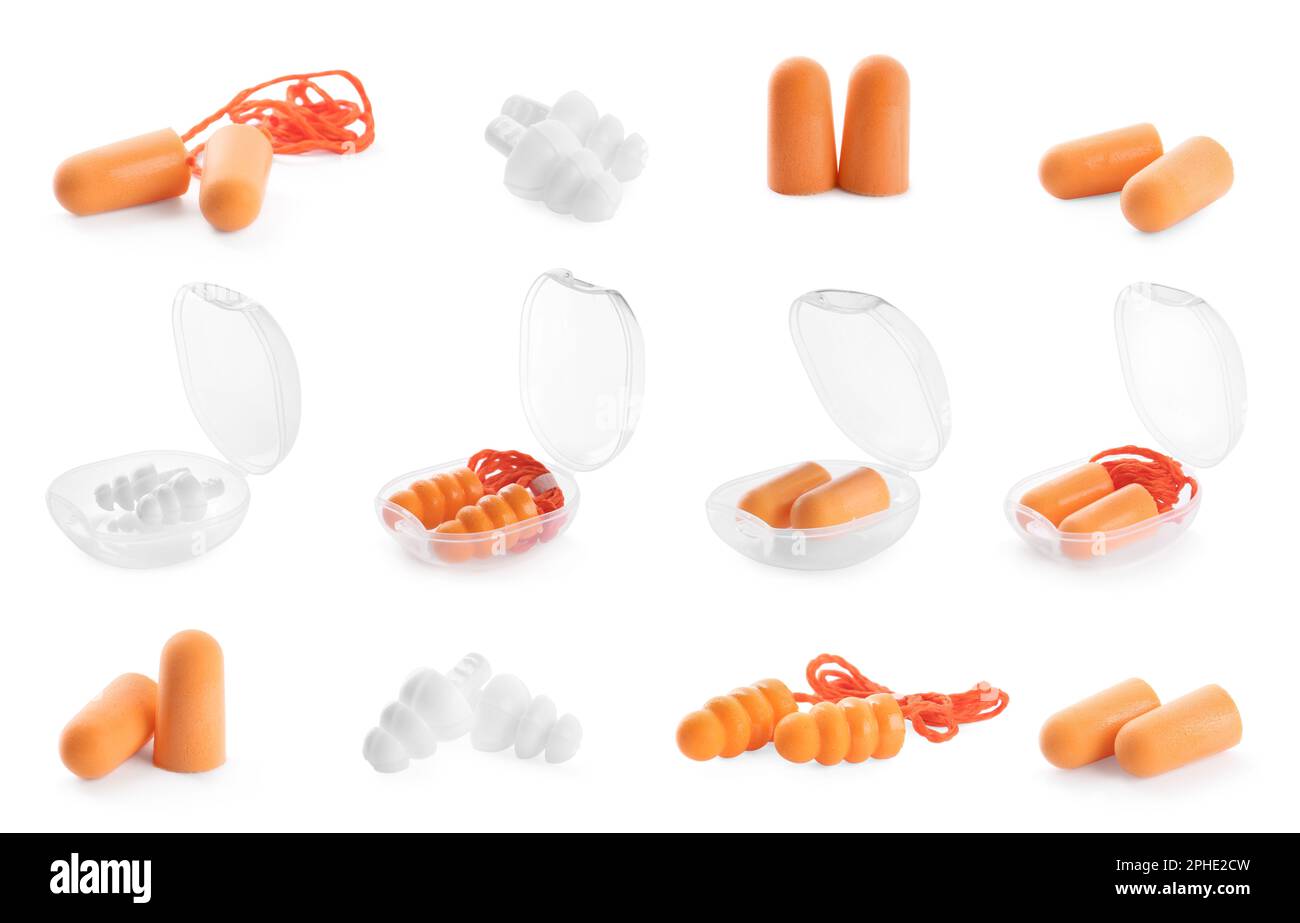 Set with different ear plugs on white background Stock Photo - Alamy