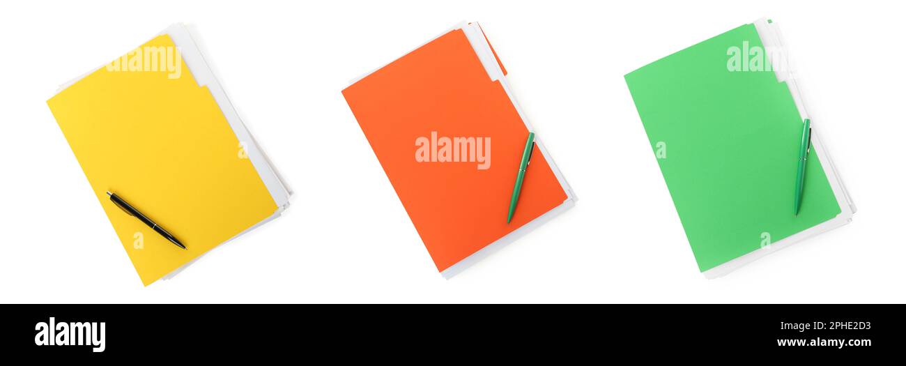 Set of different files with documents on white background, top view ...