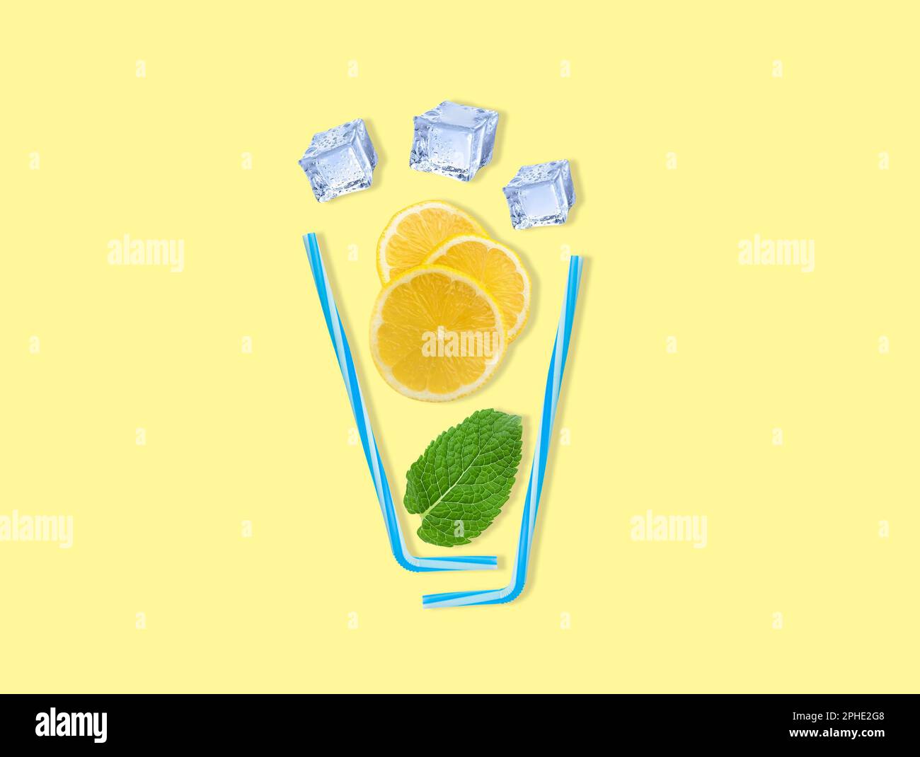 Creative lemonade layout with lemon slices, mint, ice cubes and straws ...