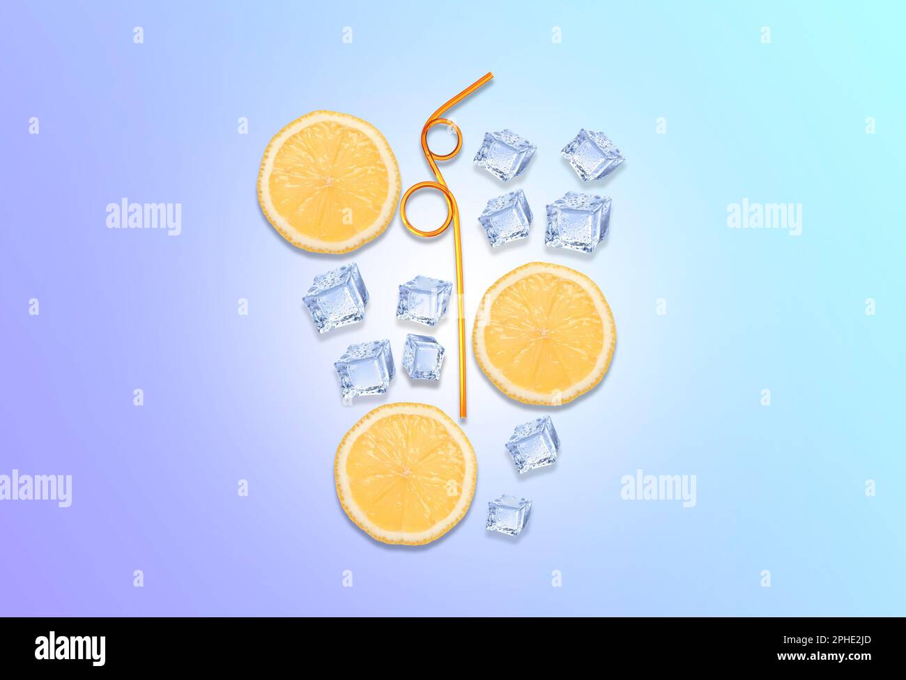 Creative lemonade layout with lemon slices, ice cubes and straw on ...