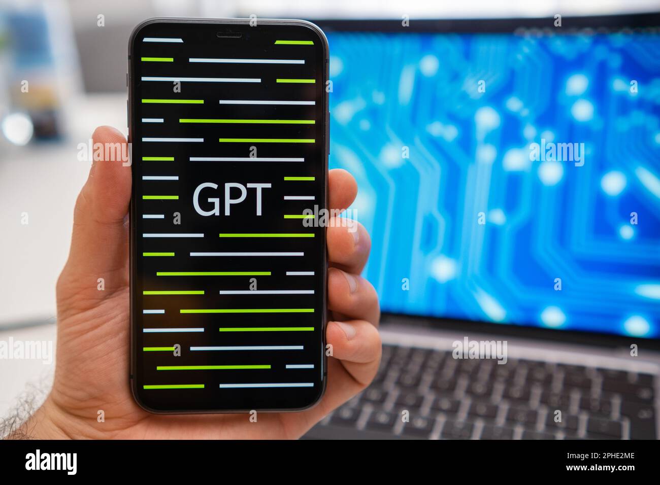GPT logo on the smartphone and neural network on the laptop display ...