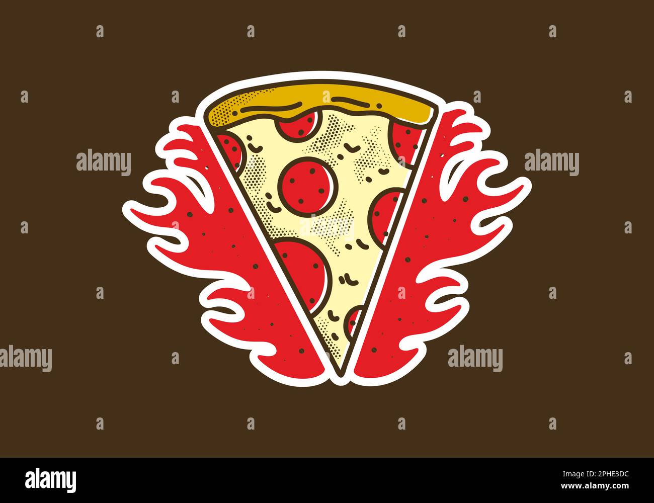Vintage art illustration sticker design of pizza slice with fire flames ...