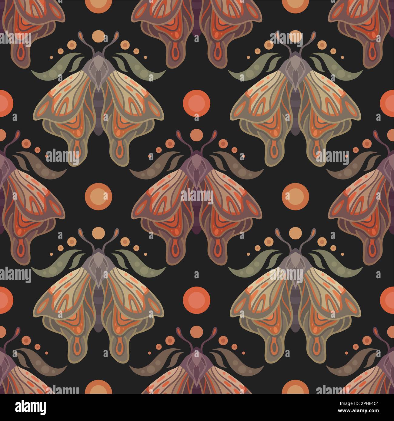 Vector sacred seamless pattern with moths and moons on dark background. Colorful texture with ...