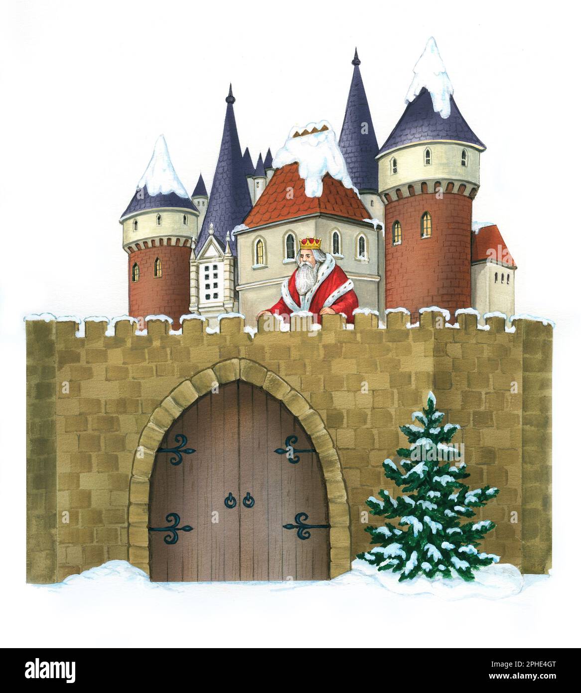 King looking down from mote in snow with castle behind Stock Photo - Alamy