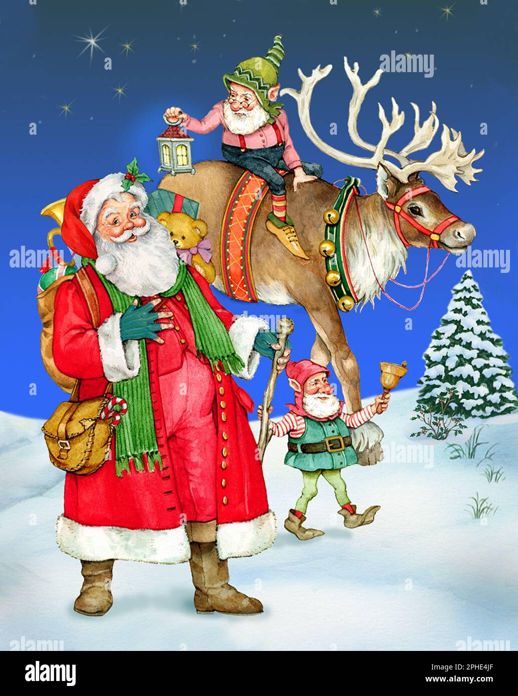 Christmas- Santa & reindeer with his elvesin snow Stock Photo - Alamy