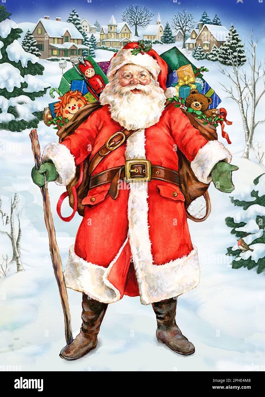 christmas- traditional christmas scene Santa in snow with village Stock ...