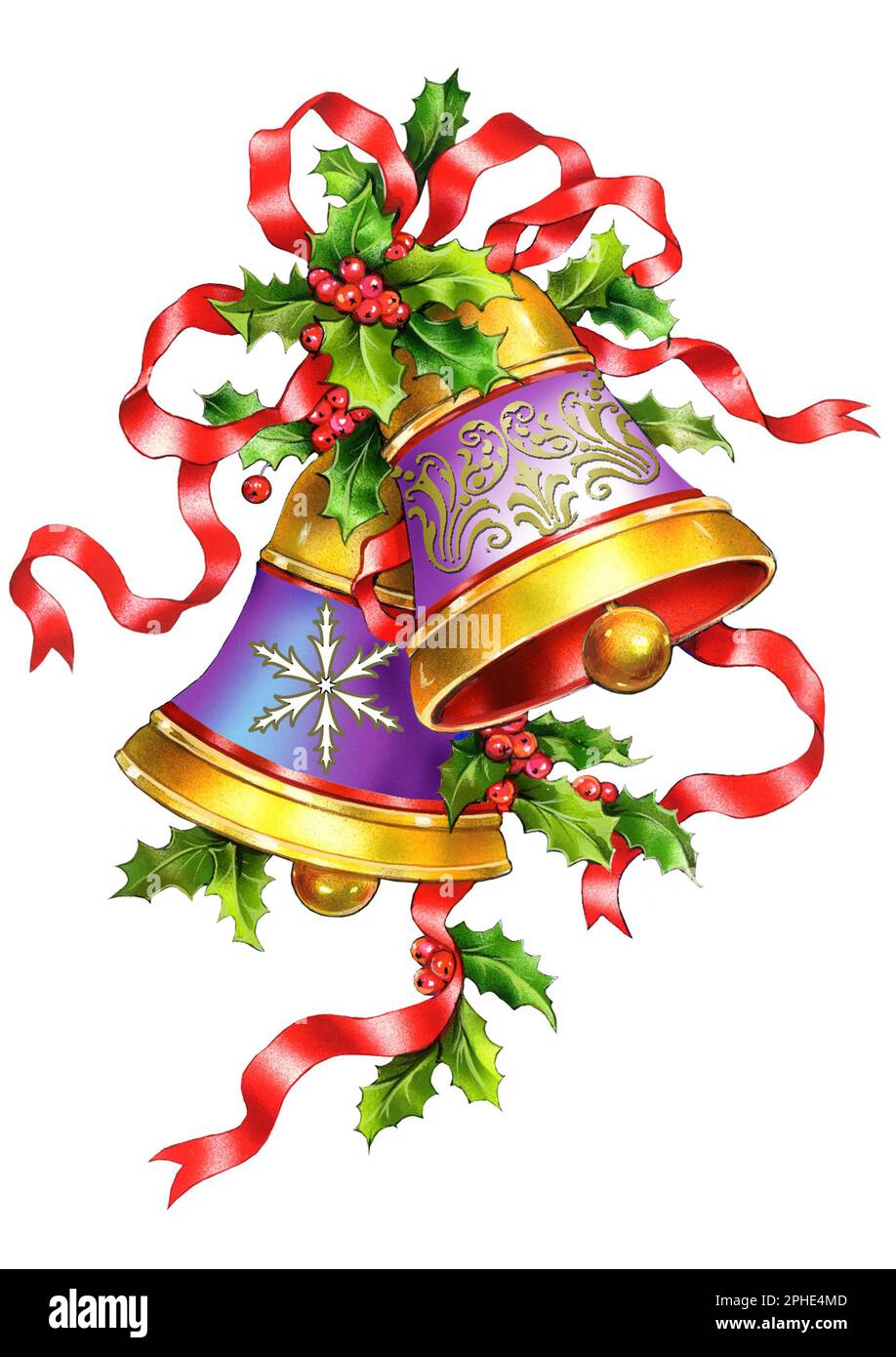 Christmas-Bells ribbons & holly Stock Photo - Alamy