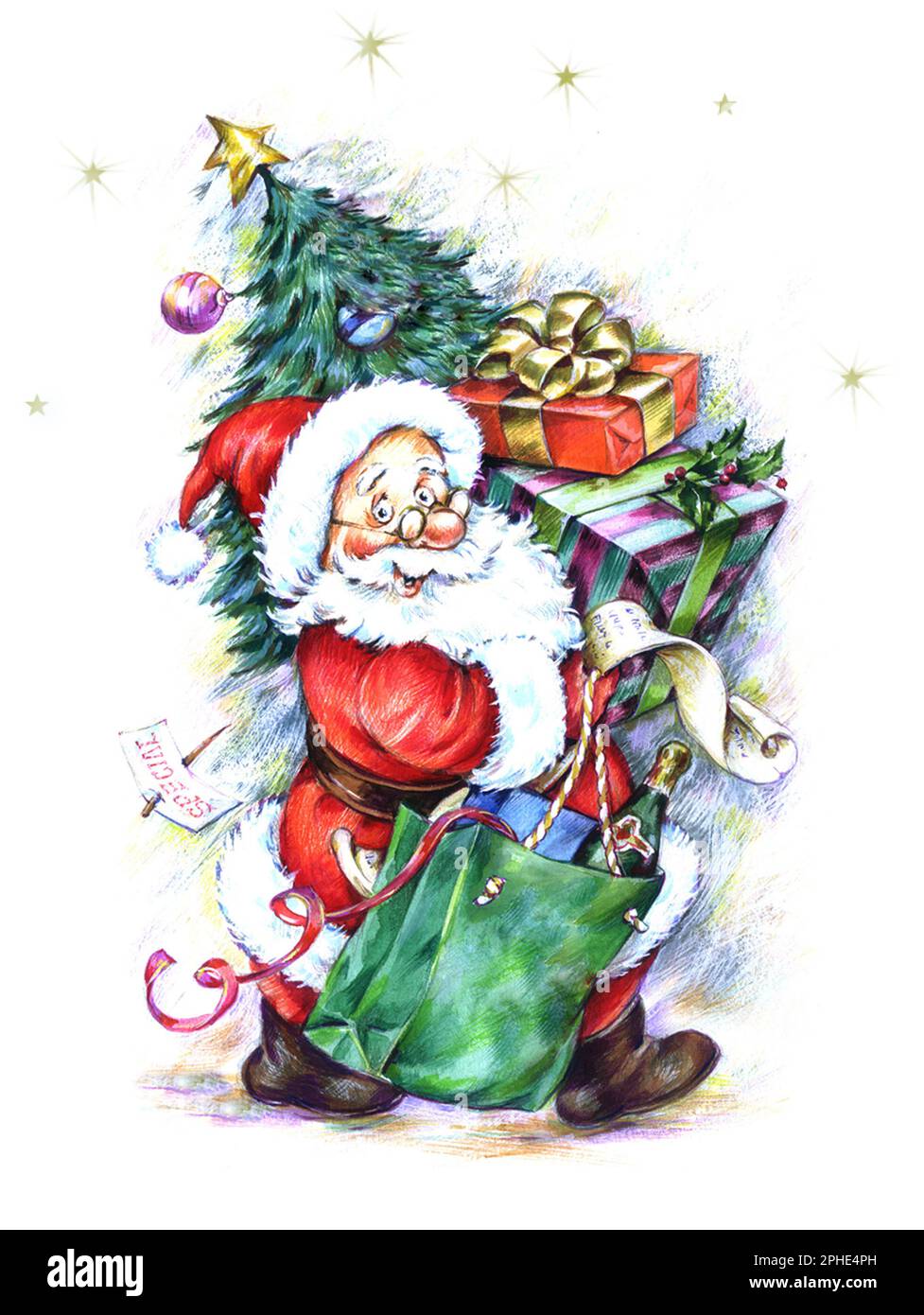 Christmas-comic Santa loaded up with tree & presents Stock Photo - Alamy