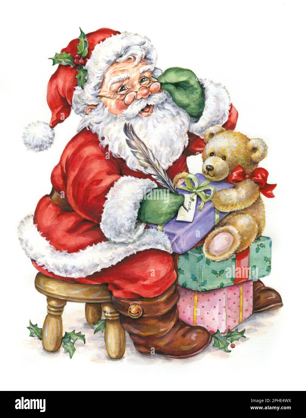 Christmas-Santa & teddy on stool writing on presents Stock Photo - Alamy