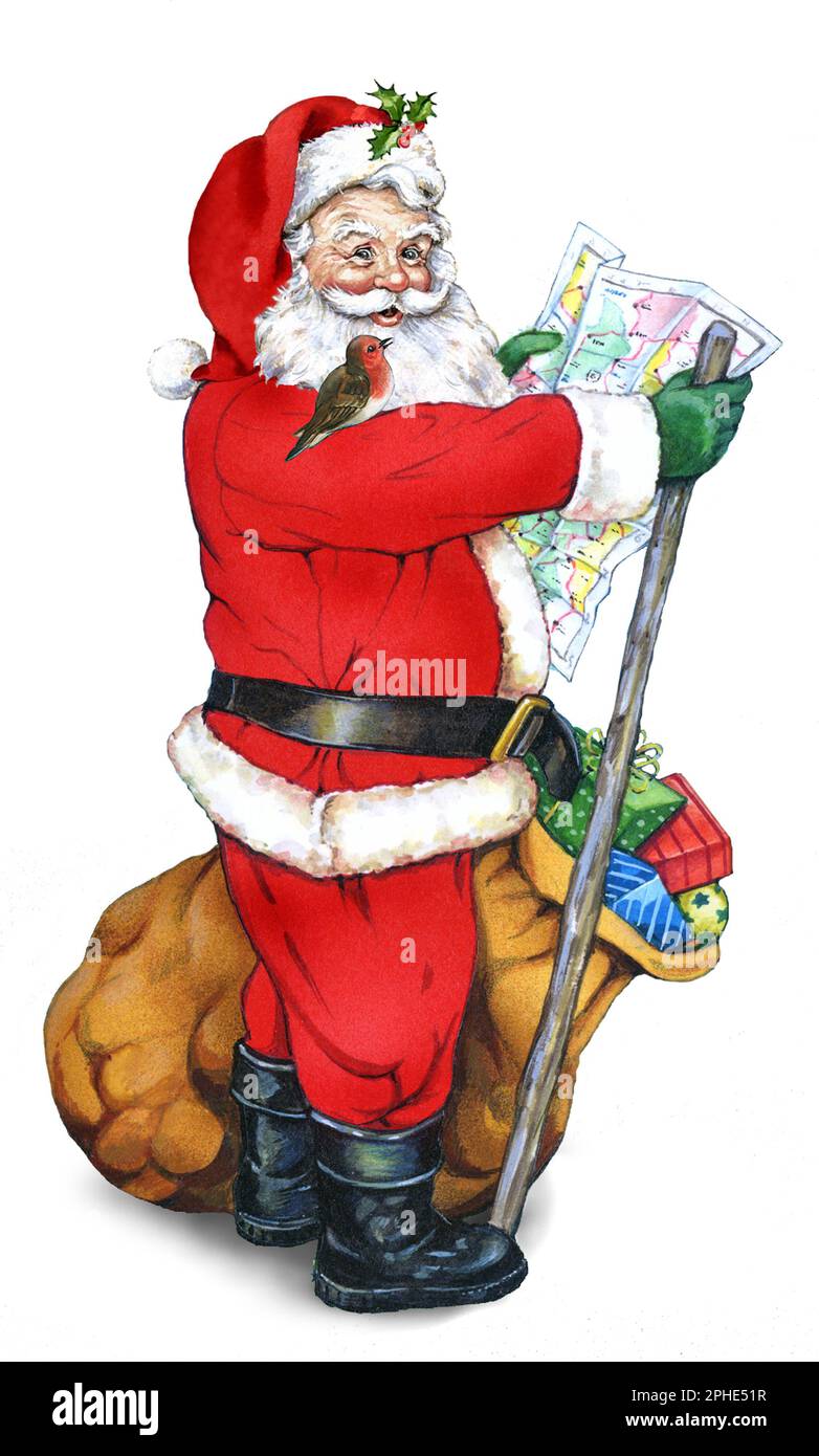 Christmas-Santa with sack looking at map for directions Stock Photo - Alamy