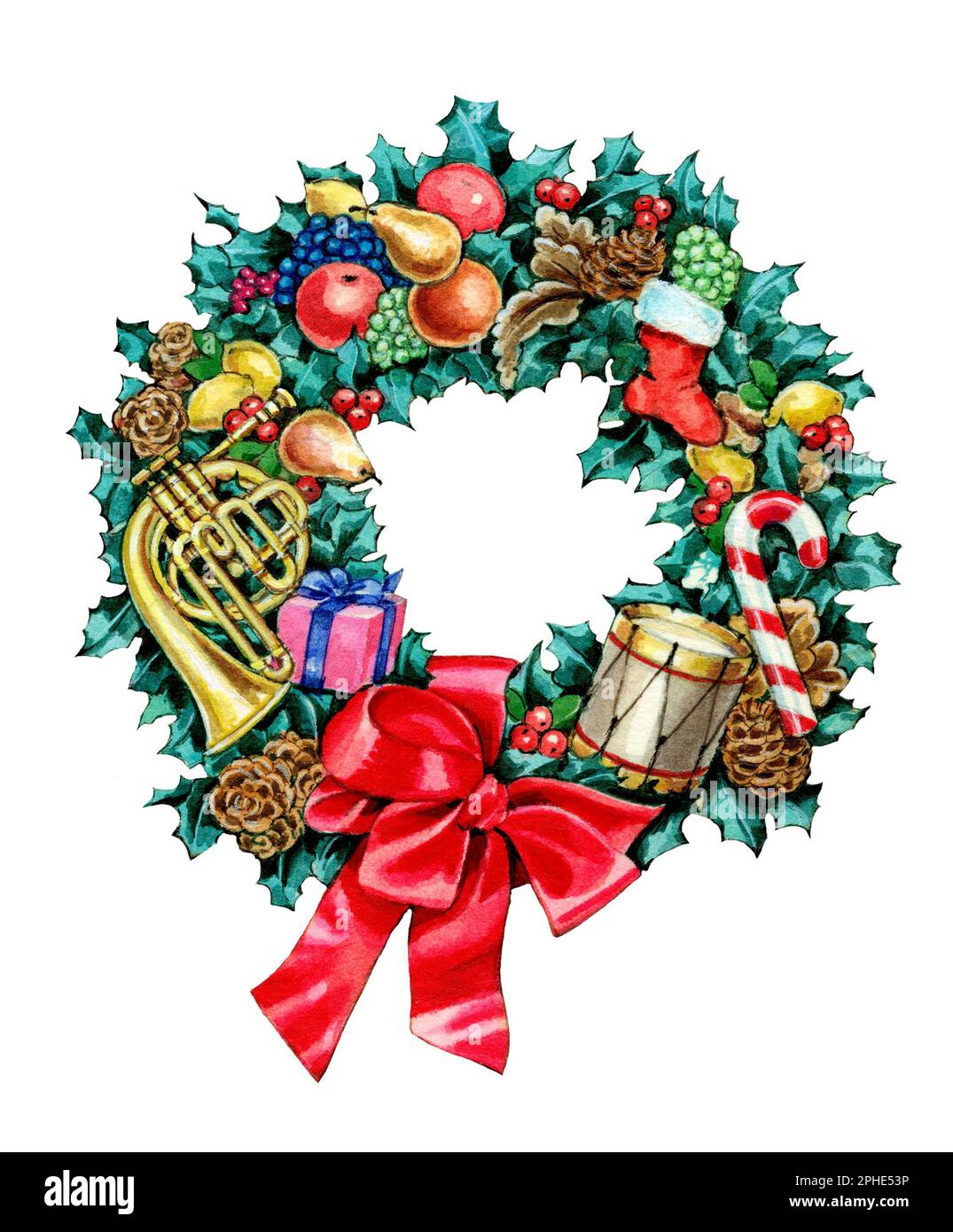 Christmas-wreath with fruit & musical instruments ribbon on white Stock ...