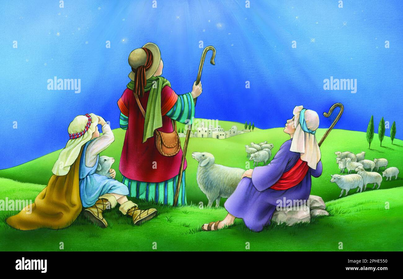 Christmas-young shepherds with flock lookingl to Bethlehem Stock Photo ...