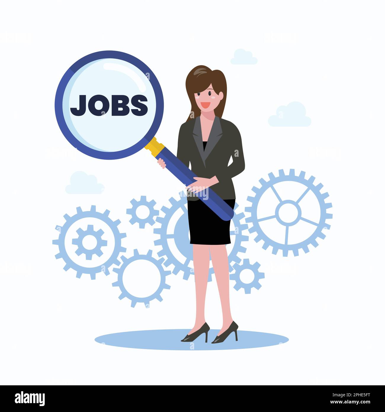 Business woman is holding magnifying glass to finding new job. Vector ...