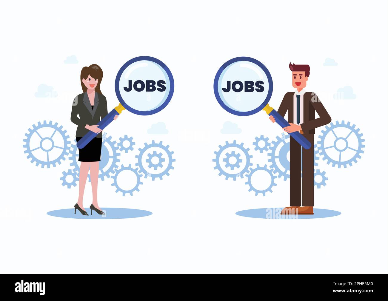 Businessman and woman are holding magnifying glass to finding new job ...