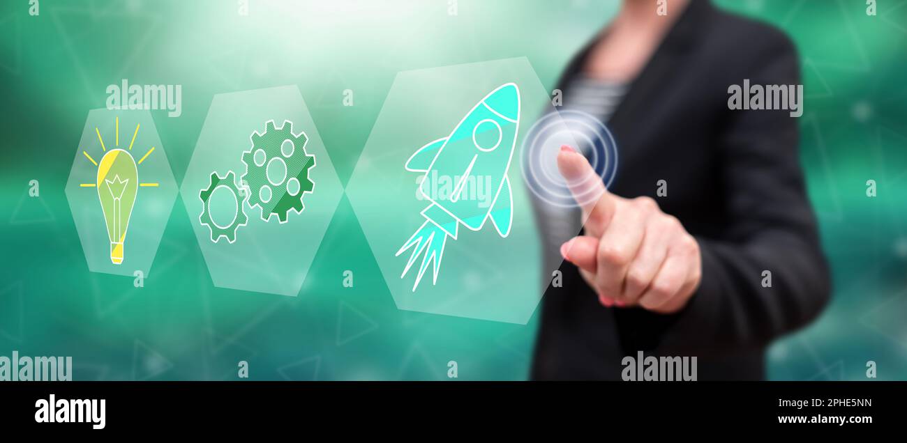 Woman touching a business success concept on a touch screen with her ...
