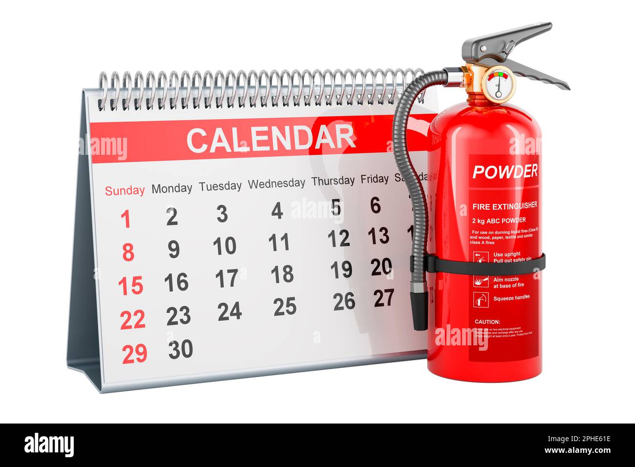 Fire extinguisher with desk calendar. 3D rendering isolated on white ...