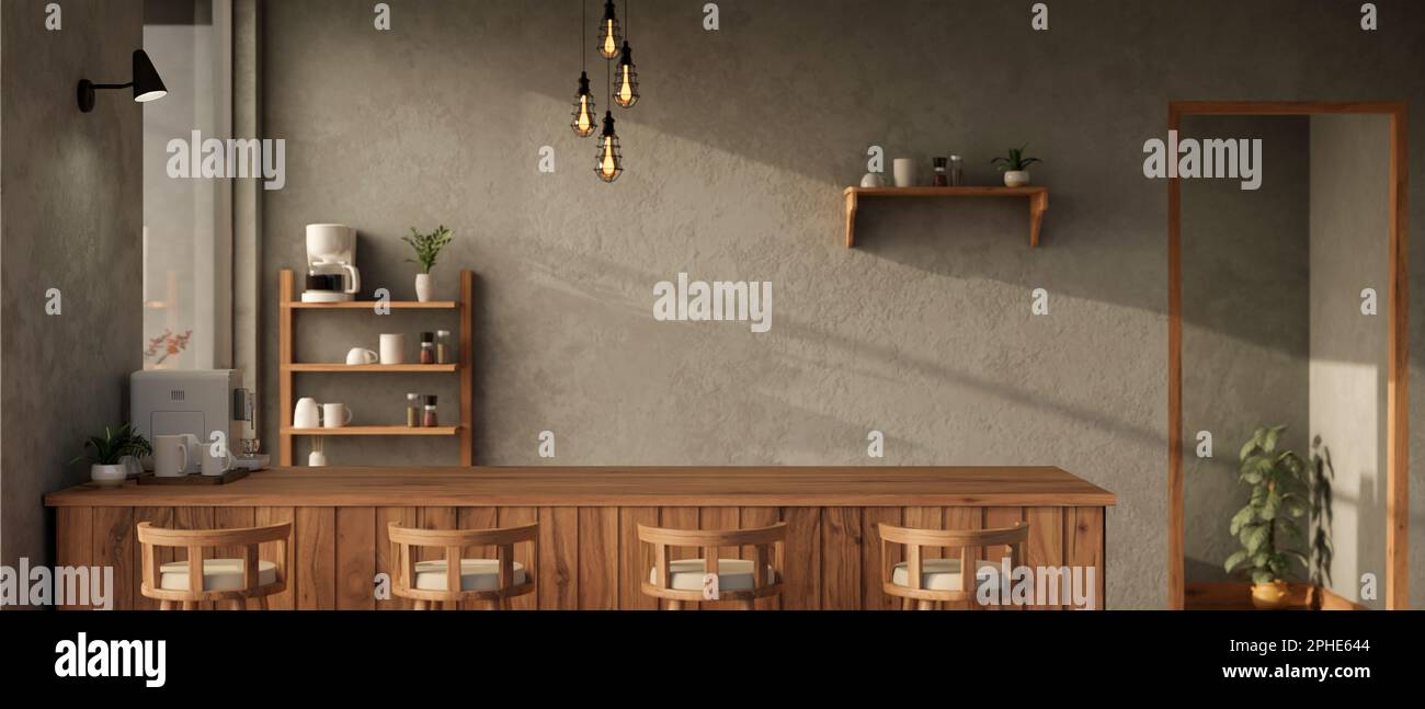 Beautiful modern loft kitchen or snacks bar interior design with wooden ...