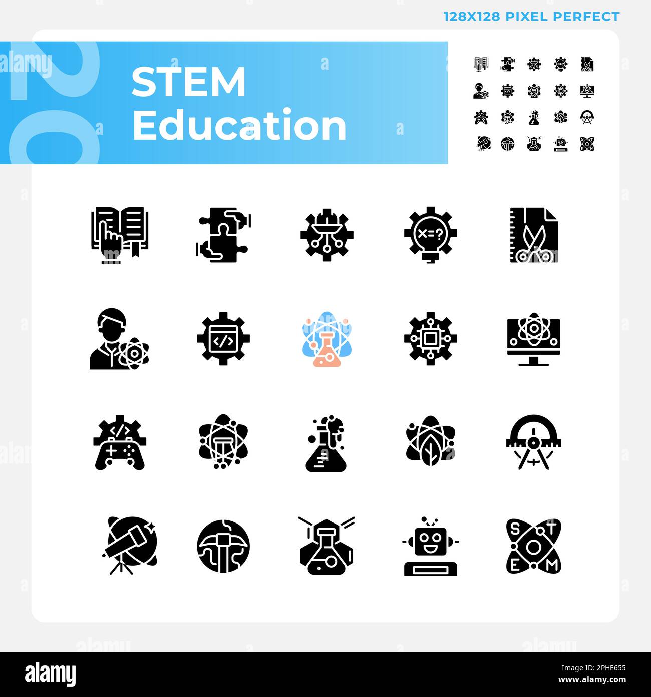 STEM education pixel perfect black glyph icons set on white space Stock ...