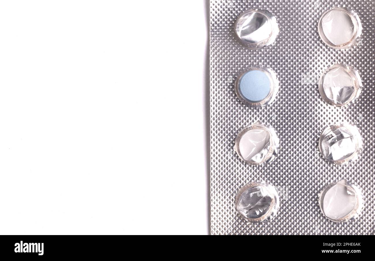 Pill strip, almost empty - just one left, isolated on white Stock Photo ...