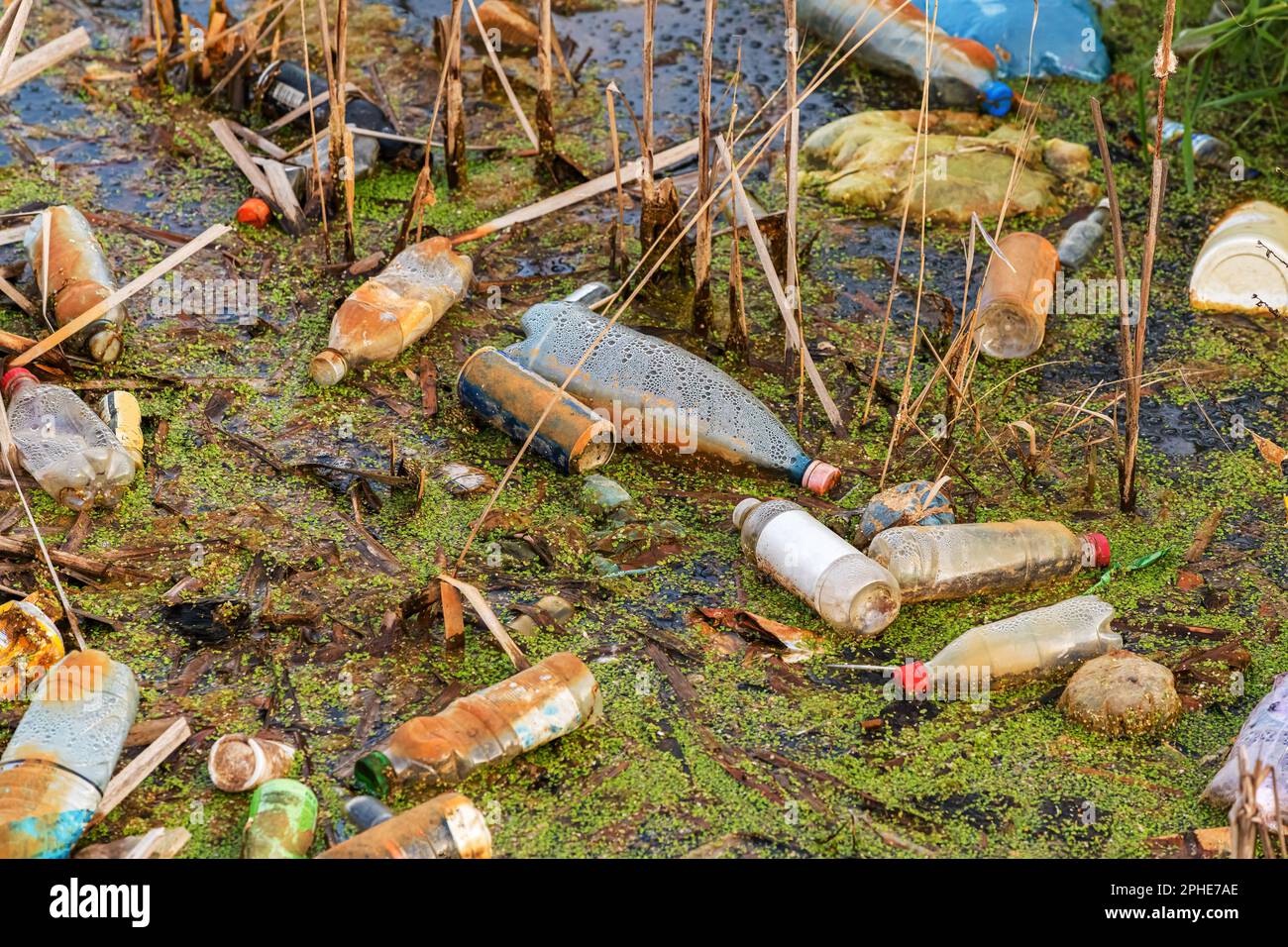 River water pollution as environmental damage, plastic bottles ...