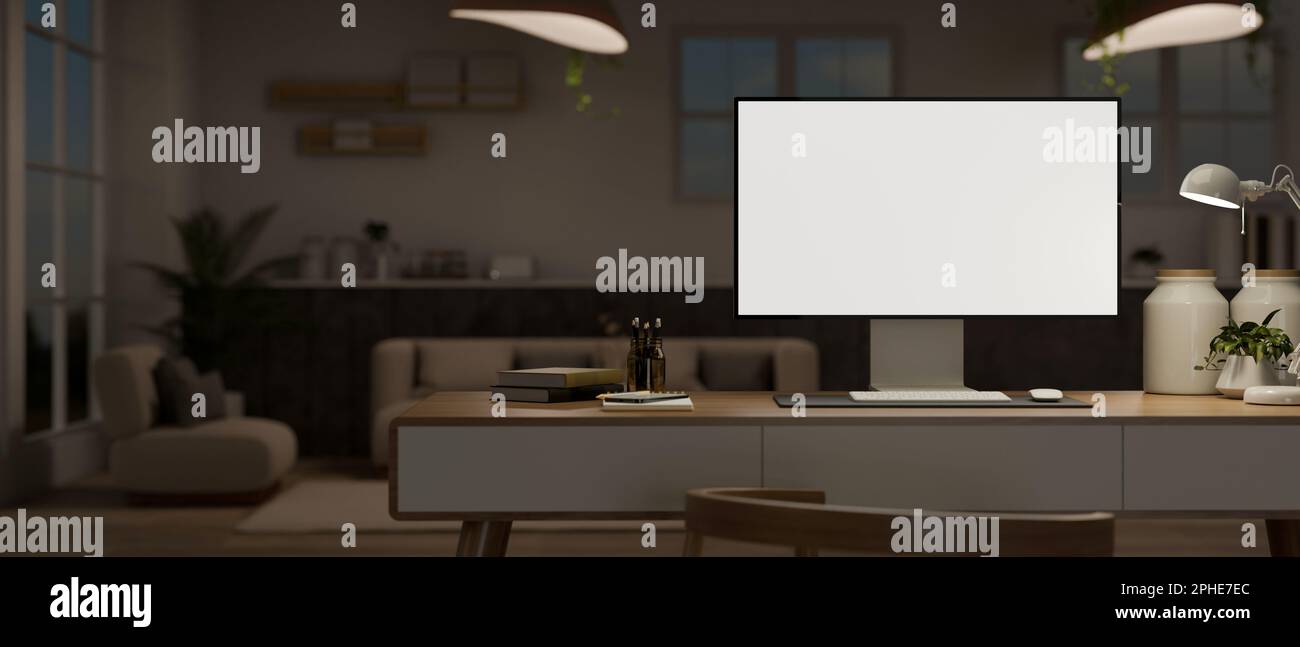 Home workspace with computer white screen mockup on a table in modern ...