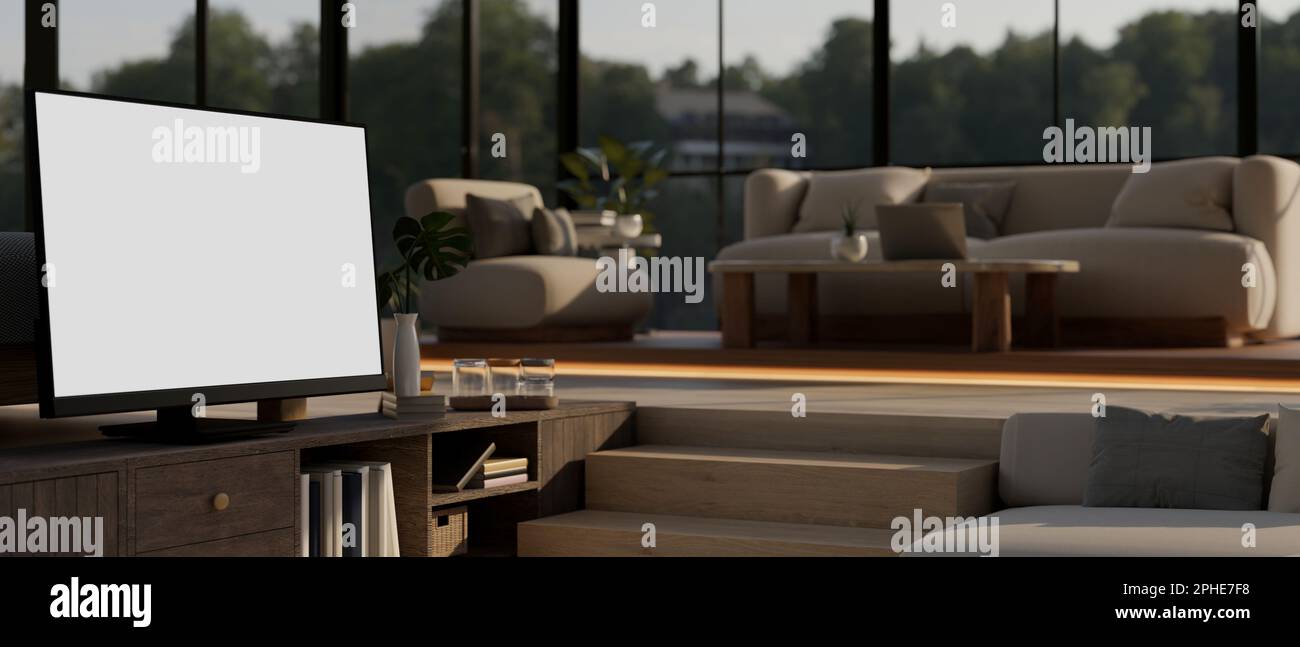 Smart TV white screen mockup on minimal dark hardwood TV cabinet in ...