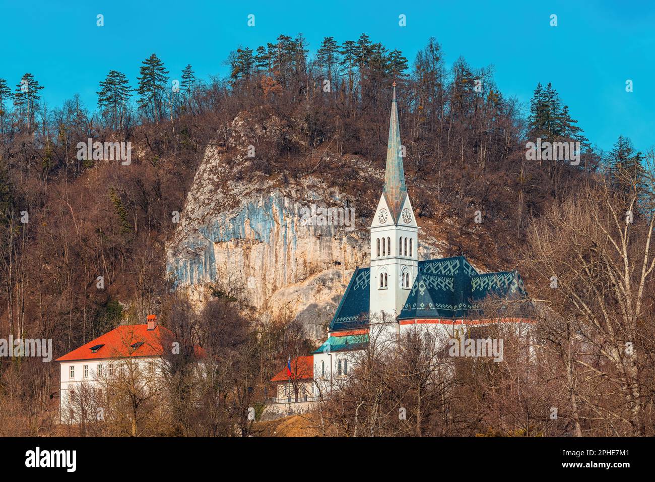 St. Martina parish church in Bled, Slovenia. This Gothic Revival ...
