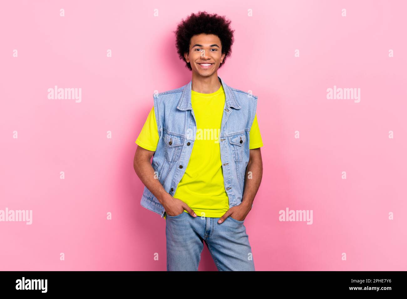 Portrait of nice friendly positive person put hands pockets posing ...