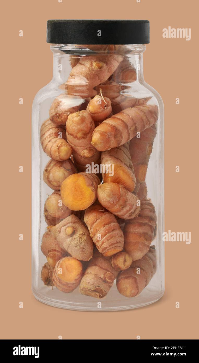 cleaned turmeric rhizomes or roots in glass bottle, curcuma longa ...